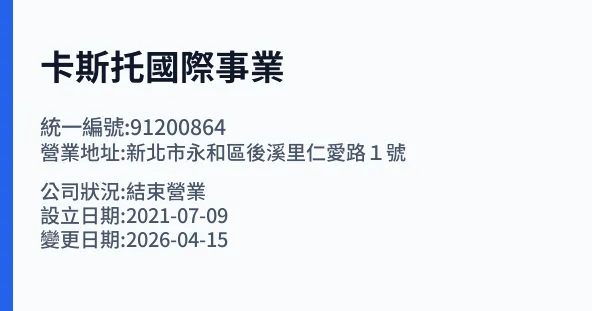 卡斯托國際事業的照片-統編 91200864(新北市) 公司登記資料與營業項目詳細圖表