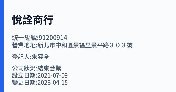 悅詮商行的照片-統編 91200914(新北市) 公司登記資料與營業項目詳細圖表