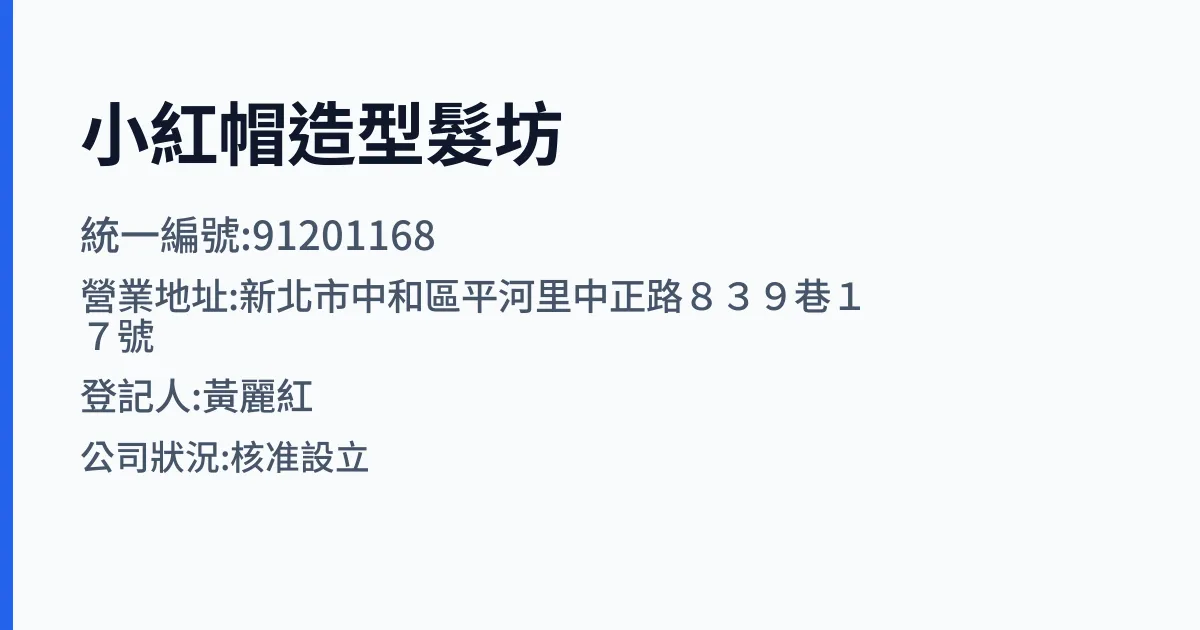 小紅帽造型髮坊 - 統編 91201168(新北市) 公司登記資料與營業項目詳細圖表