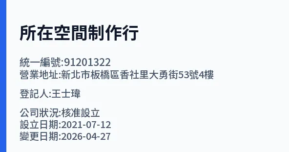 所在空間制作行的照片-統編 91201322(新北市) 公司登記資料與營業項目詳細圖表