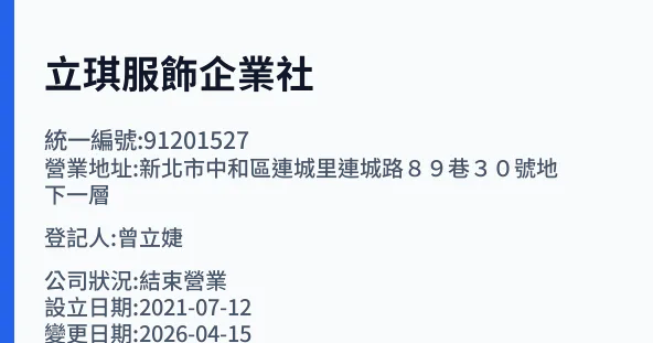 立琪服飾企業社的照片-統編 91201527(新北市) 公司登記資料與營業項目詳細圖表