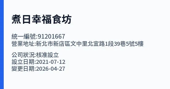 煮日幸福食坊的照片-統編 91201667(新北市) 公司登記資料與營業項目詳細圖表
