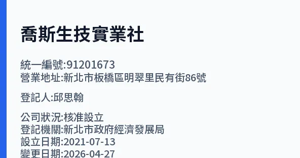 喬斯生技實業社的照片-統編 91201673(新北市) 公司登記資料與營業項目詳細圖表