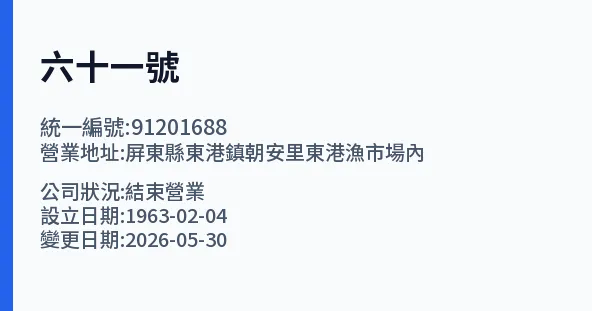 六十一號的照片-統編 91201688(屏東縣) 公司登記資料與營業項目詳細圖表