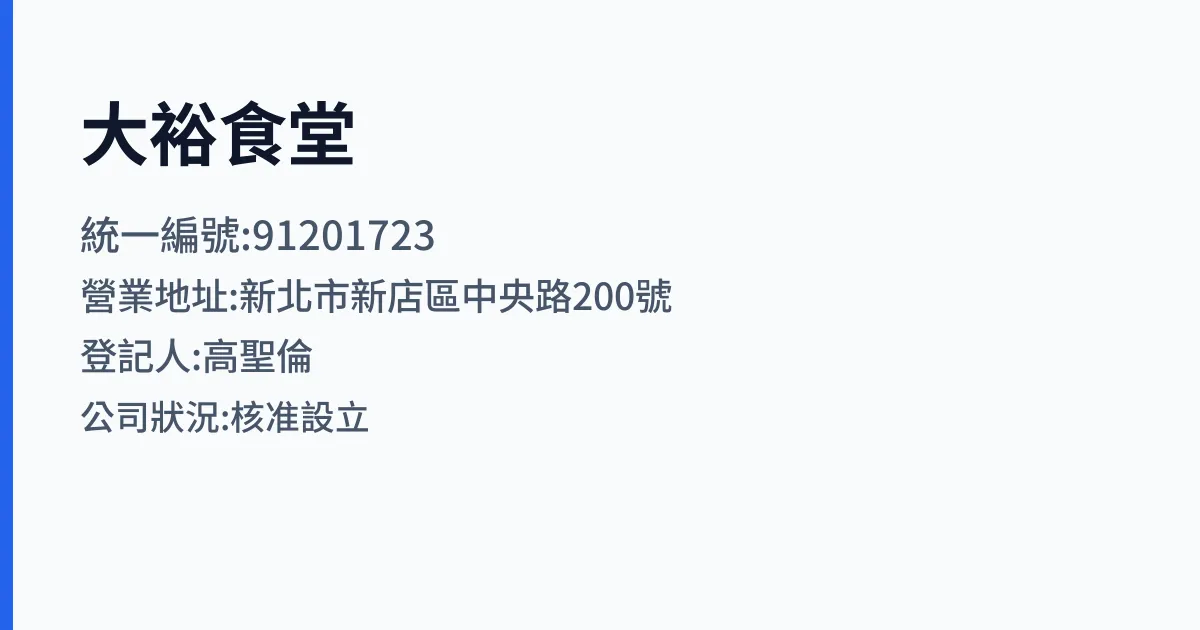 大裕食堂 - 統編 91201723(新北市) 公司登記資料與營業項目詳細圖表