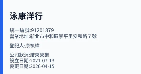 泳康洋行的照片-統編 91201879(新北市) 公司登記資料與營業項目詳細圖表