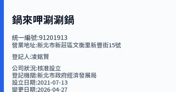 鍋來呷涮涮鍋的照片-統編 91201913(新北市) 公司登記資料與營業項目詳細圖表