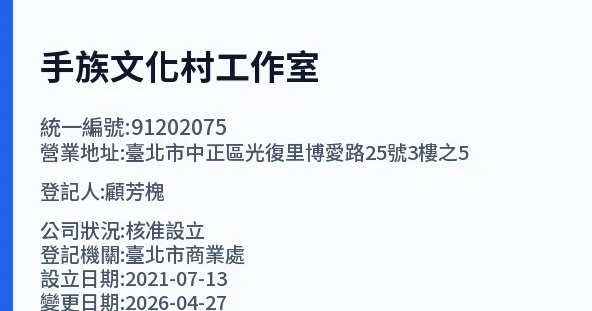 手族文化村工作室的照片-統編 91202075(臺北市) 公司登記資料與營業項目詳細圖表