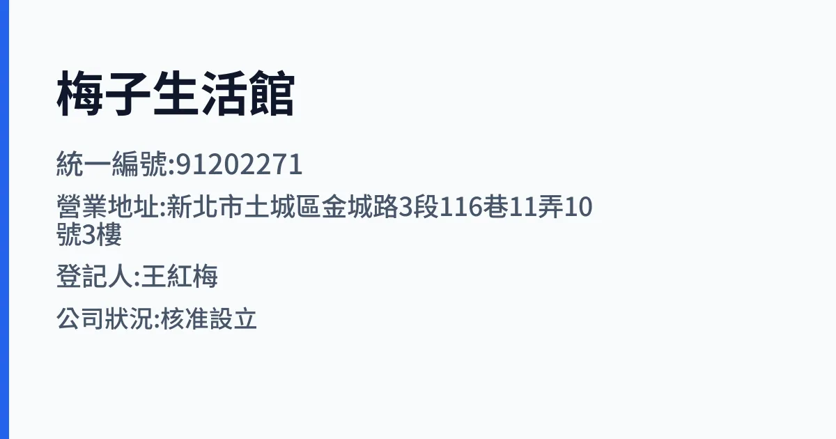 梅子生活館 - 統編 91202271(新北市) 公司登記資料與營業項目詳細圖表
