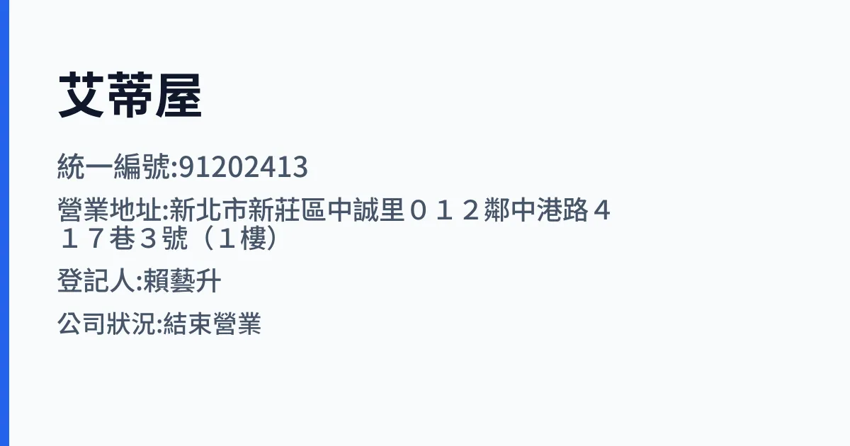 艾蒂屋 - 統編 91202413(新北市) 公司登記資料與營業項目詳細圖表