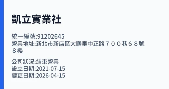 凱立實業社的照片-統編 91202645(新北市) 公司登記資料與營業項目詳細圖表