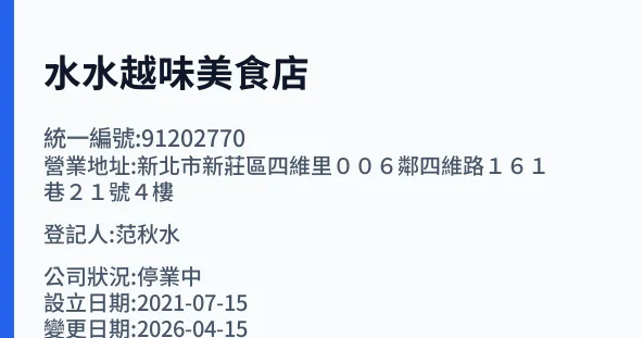 水水越味美食店的照片-統編 91202770(新北市) 公司登記資料與營業項目詳細圖表
