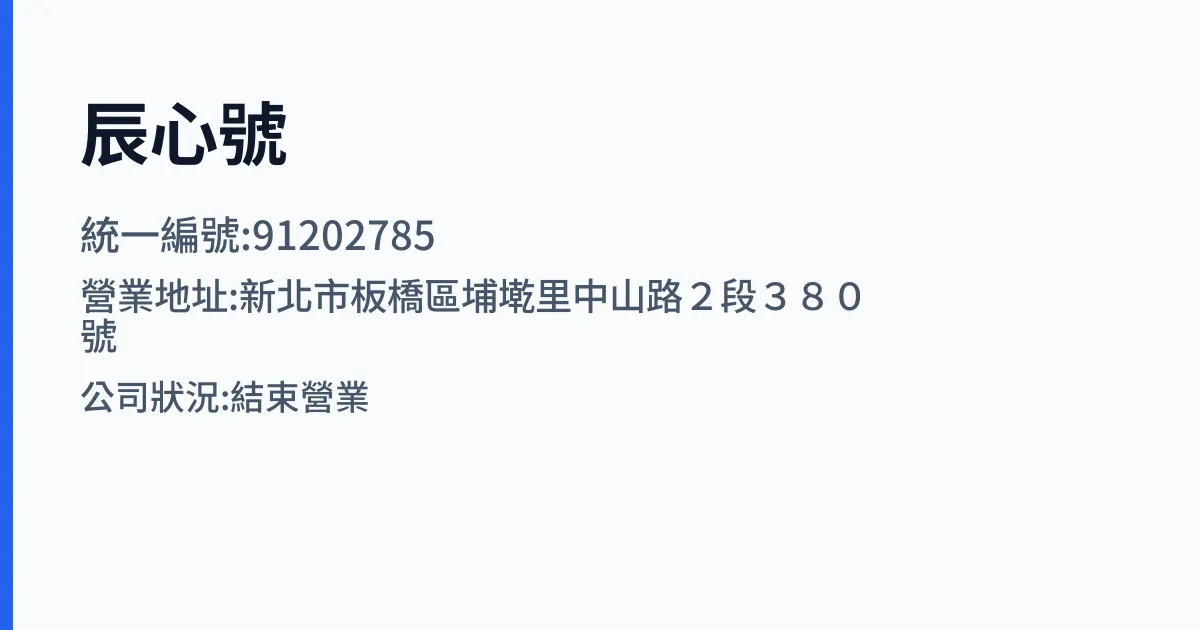 辰心號 - 統編 91202785(新北市) 公司登記資料與營業項目詳細圖表