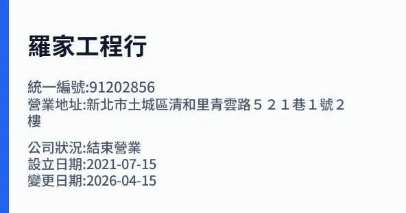 羅家工程行的照片-統編 91202856(新北市) 公司登記資料與營業項目詳細圖表