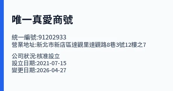 唯一真愛商號的照片-統編 91202933(新北市) 公司登記資料與營業項目詳細圖表