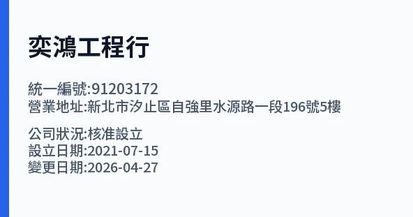 奕鴻工程行的照片-統編 91203172(新北市) 公司登記資料與營業項目詳細圖表