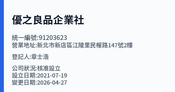 優之良品企業社的照片-統編 91203623(新北市) 公司登記資料與營業項目詳細圖表