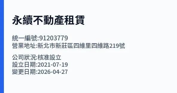 永續不動產租賃的照片-統編 91203779(新北市) 公司登記資料與營業項目詳細圖表