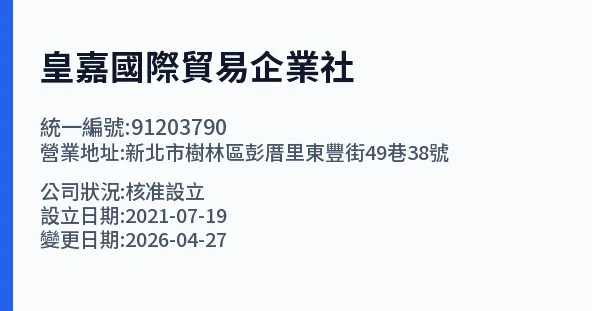皇嘉國際貿易企業社的照片-統編 91203790(新北市) 公司登記資料與營業項目詳細圖表