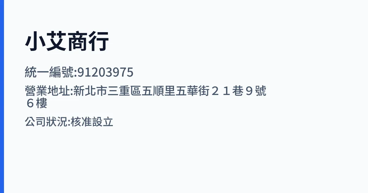 小艾商行 - 統編 91203975(新北市) 公司登記資料與營業項目詳細圖表