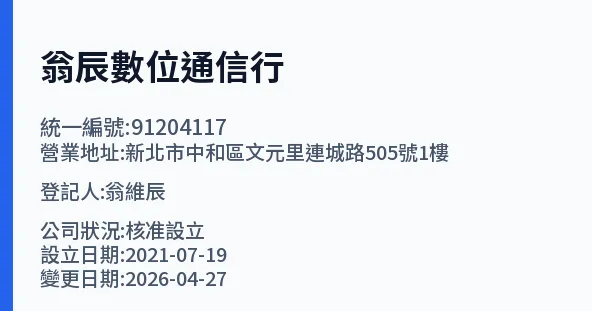 翁辰數位通信行的照片-統編 91204117(新北市) 公司登記資料與營業項目詳細圖表
