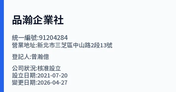 品瀚企業社的照片-統編 91204284(新北市) 公司登記資料與營業項目詳細圖表