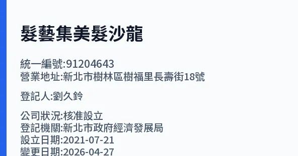 髮藝集美髮沙龍的照片-統編 91204643(新北市) 公司登記資料與營業項目詳細圖表