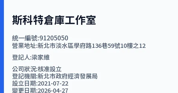 斯科特倉庫工作室的照片-統編 91205050(新北市) 公司登記資料與營業項目詳細圖表
