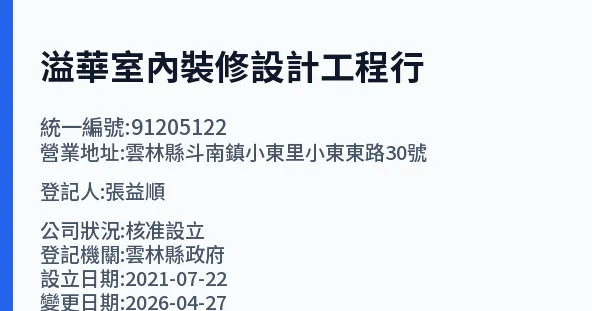 溢華室內裝修設計工程行的照片-統編 91205122(雲林縣) 公司登記資料與營業項目詳細圖表