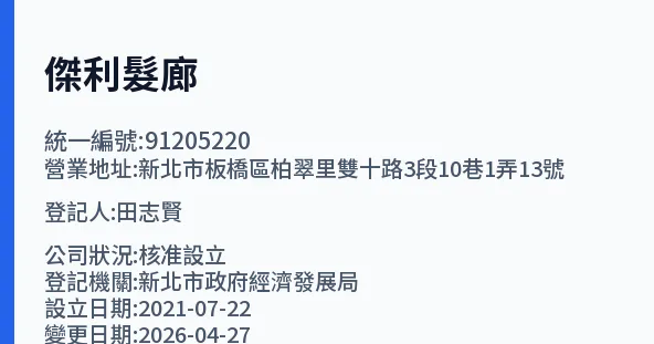 傑利髮廊的照片-統編 91205220(新北市) 公司登記資料與營業項目詳細圖表
