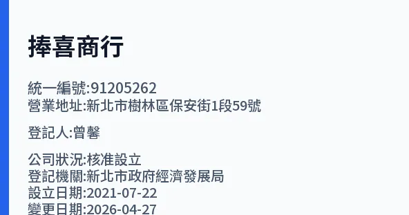 捧喜商行的照片-統編 91205262(新北市) 公司登記資料與營業項目詳細圖表