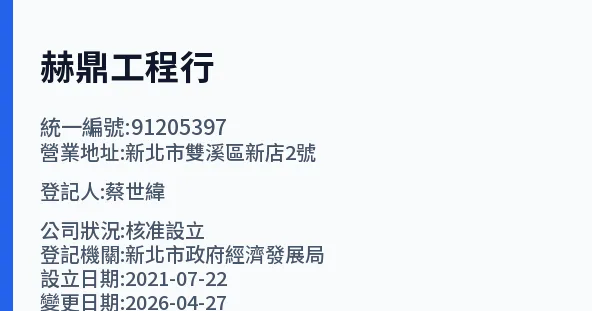 赫鼎工程行的照片-統編 91205397(新北市) 公司登記資料與營業項目詳細圖表
