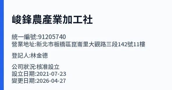 峻鋒農產業加工社的照片-統編 91205740(新北市) 公司登記資料與營業項目詳細圖表