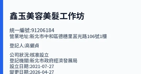 鑫玉美容美髮工作坊的照片-統編 91206184(新北市) 公司登記資料與營業項目詳細圖表