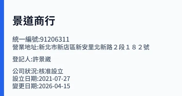 景道商行的照片-統編 91206311(新北市) 公司登記資料與營業項目詳細圖表