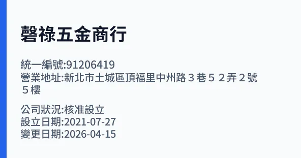 磬祿五金商行的照片-統編 91206419(新北市) 公司登記資料與營業項目詳細圖表