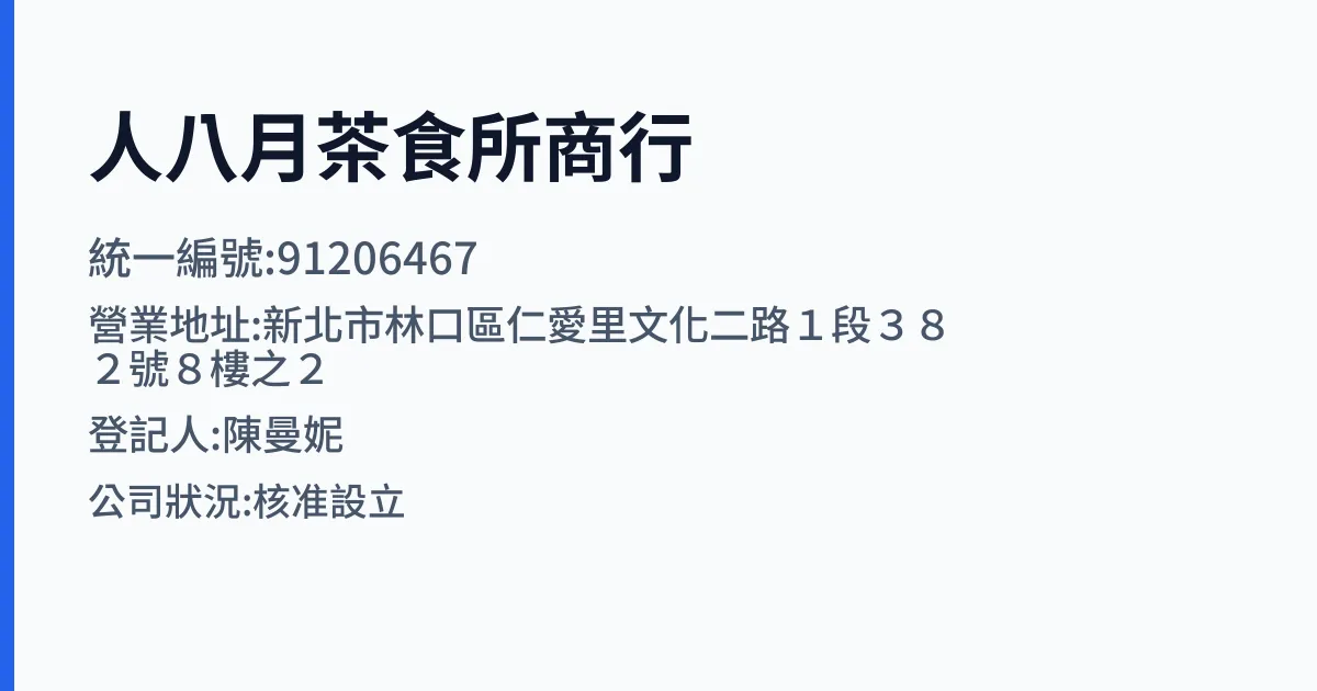 人八月茶食所商行 - 統編 91206467(新北市) 公司登記資料與營業項目詳細圖表