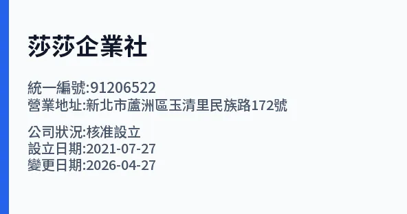 莎莎企業社的照片-統編 91206522(新北市) 公司登記資料與營業項目詳細圖表