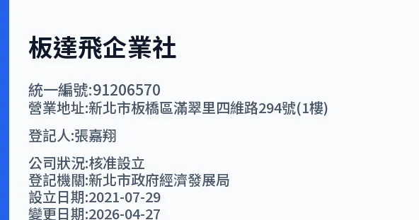 板達飛企業社的照片-統編 91206570(新北市) 公司登記資料與營業項目詳細圖表