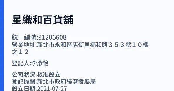 星織和百貨舖的照片-統編 91206608(新北市) 公司登記資料與營業項目詳細圖表