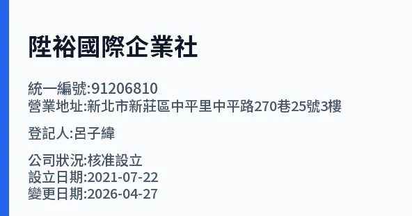 陞裕國際企業社的照片-統編 91206810(新北市) 公司登記資料與營業項目詳細圖表