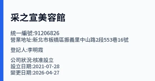采之宣美容館的照片-統編 91206826(新北市) 公司登記資料與營業項目詳細圖表