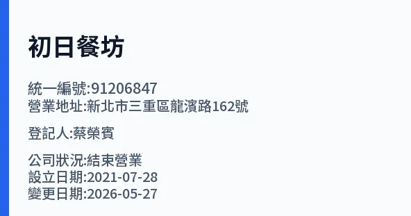 初日餐坊的照片-統編 91206847(新北市) 公司登記資料與營業項目詳細圖表