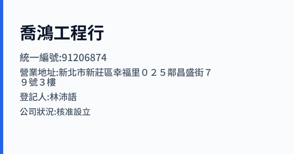 喬鴻工程行 - 統編 91206874 (新北市) 公司登記資料與營業項目詳細圖表