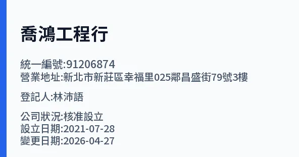 喬鴻工程行的照片-統編 91206874(新北市) 公司登記資料與營業項目詳細圖表