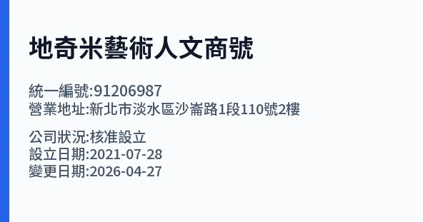 地奇米藝術人文商號的照片-統編 91206987(新北市) 公司登記資料與營業項目詳細圖表