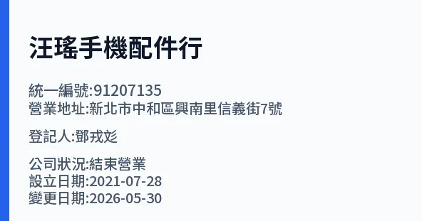 汪瑤手機配件行的照片-統編 91207135(新北市) 公司登記資料與營業項目詳細圖表