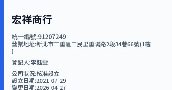 宏祥商行的照片-統編 91207249(新北市) 公司登記資料與營業項目詳細圖表