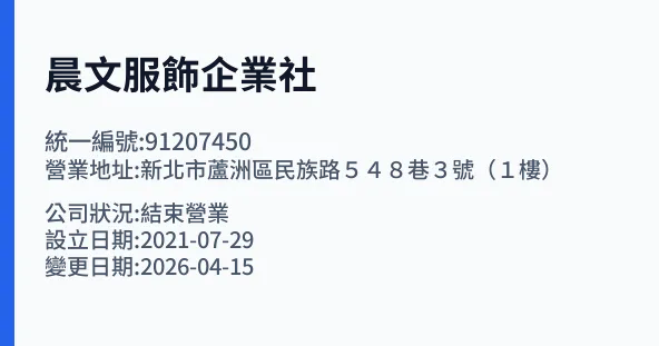 晨文服飾企業社的照片-統編 91207450(新北市) 公司登記資料與營業項目詳細圖表