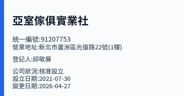 亞室傢俱實業社的照片-統編 91207753(新北市) 公司登記資料與營業項目詳細圖表